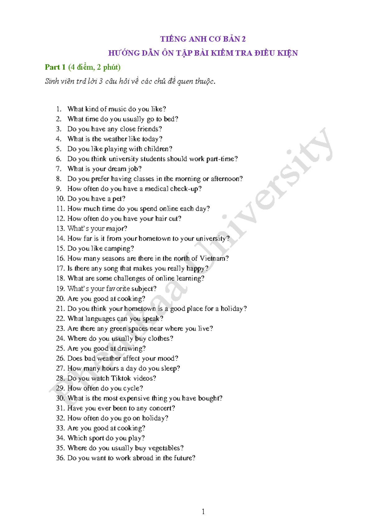 TIẾNG ANH CƠ BẢN 2: HƯỚNG DẪN ÔN TẬP KIỂM TRA ĐIỀU KIỆN - Studocu