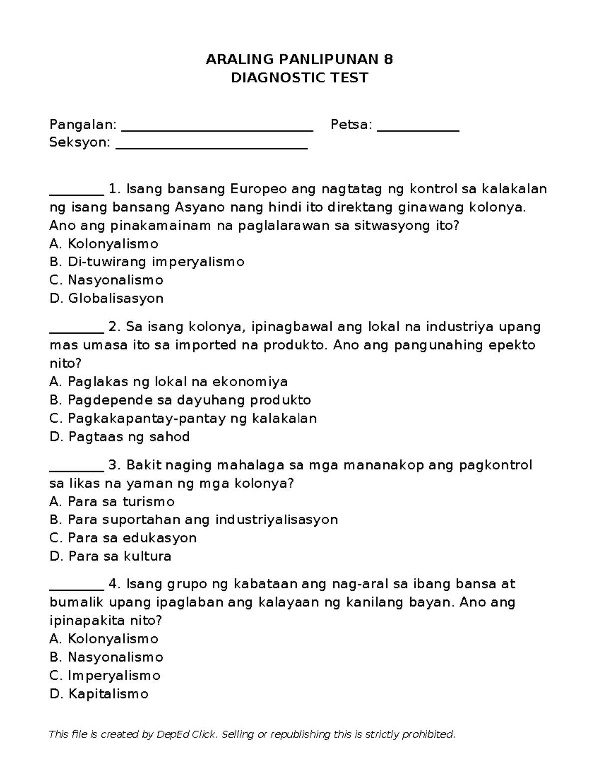 ARALING PANLIPUNAN 8 DIAGNOSTIC TEST: Grade 8 AP Questions - Studocu