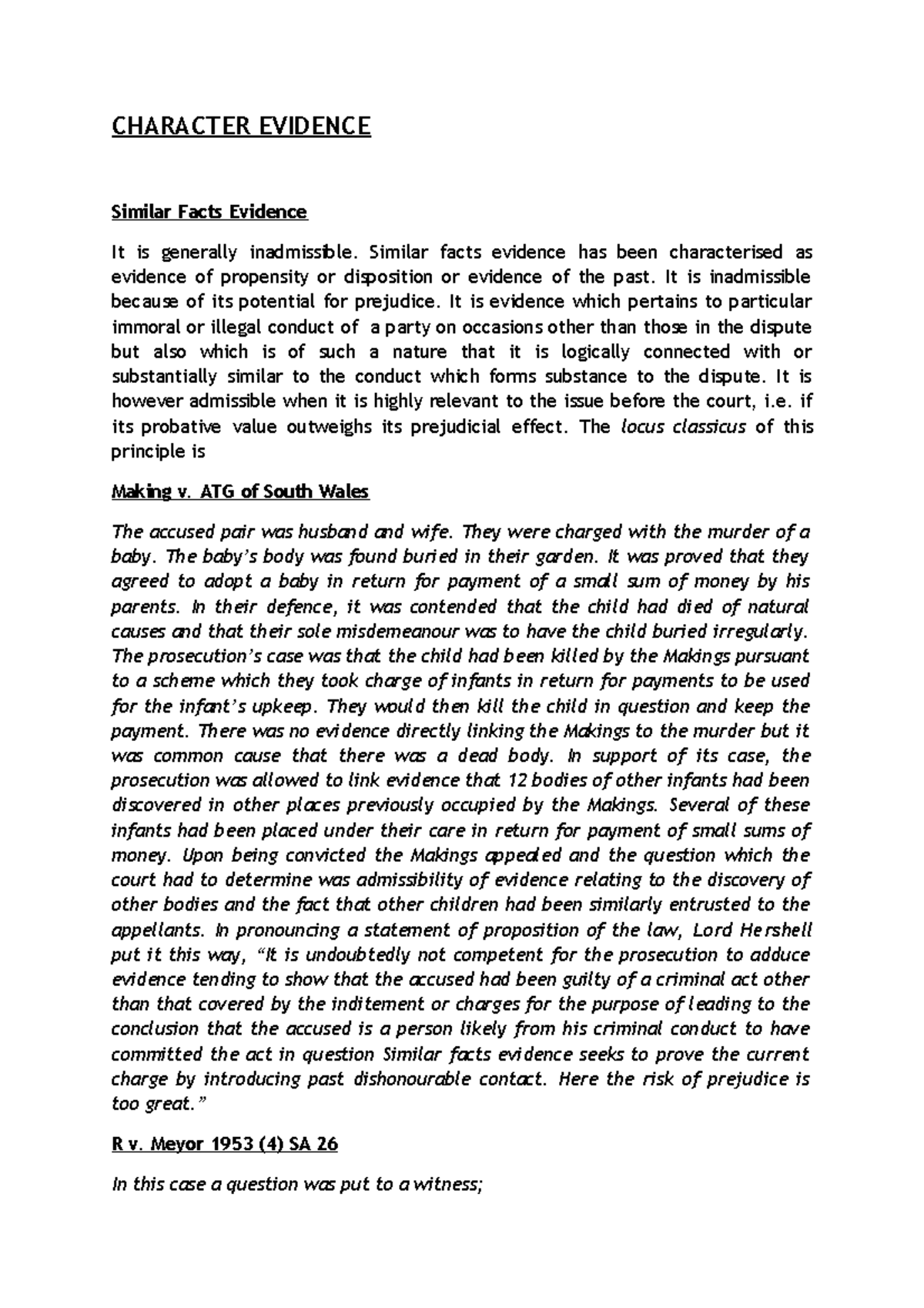 Character Evidence in Law of Evidence: Lecture Notes 4 - Studocu
