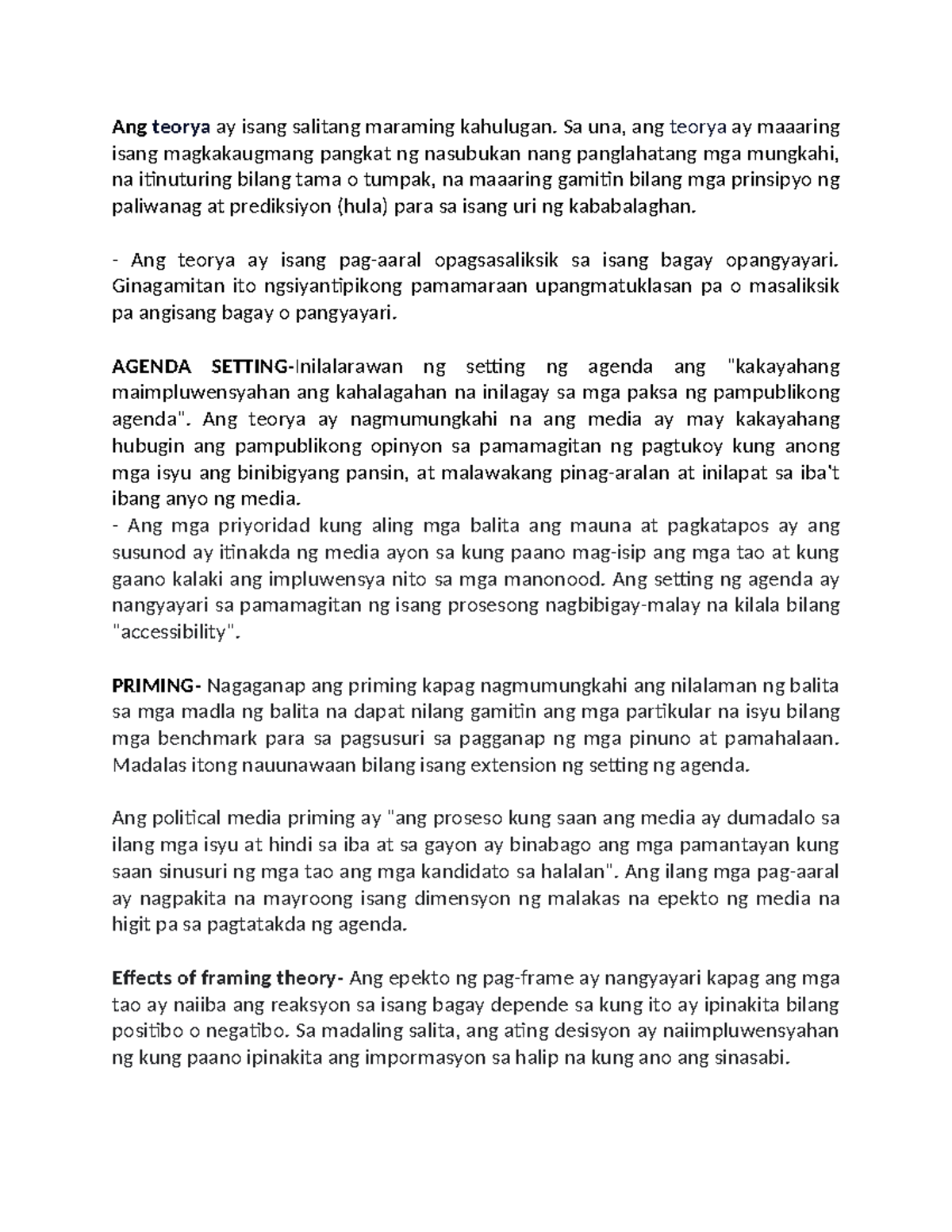 Kurso: Pagsusuri sa Agenda Setting at Priming sa Media - Studocu