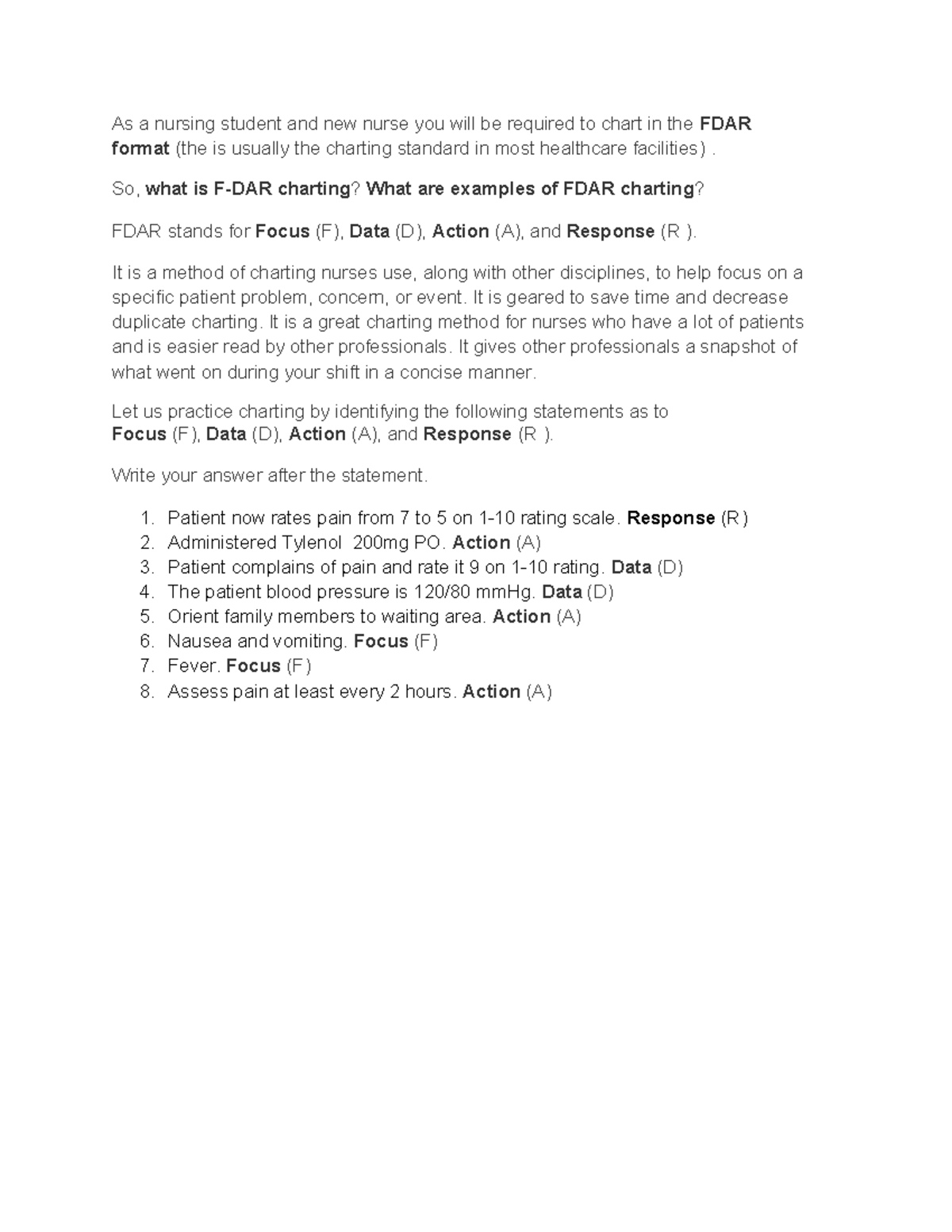 FDAR Charting Guide for Nursing Students - CHARATING - Studocu