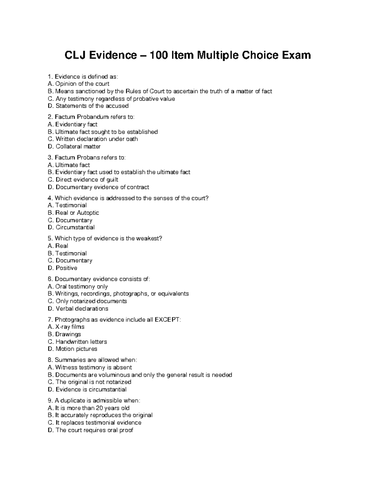 CLJ Evidence 100-Item Multiple Choice Exam Review - Studocu