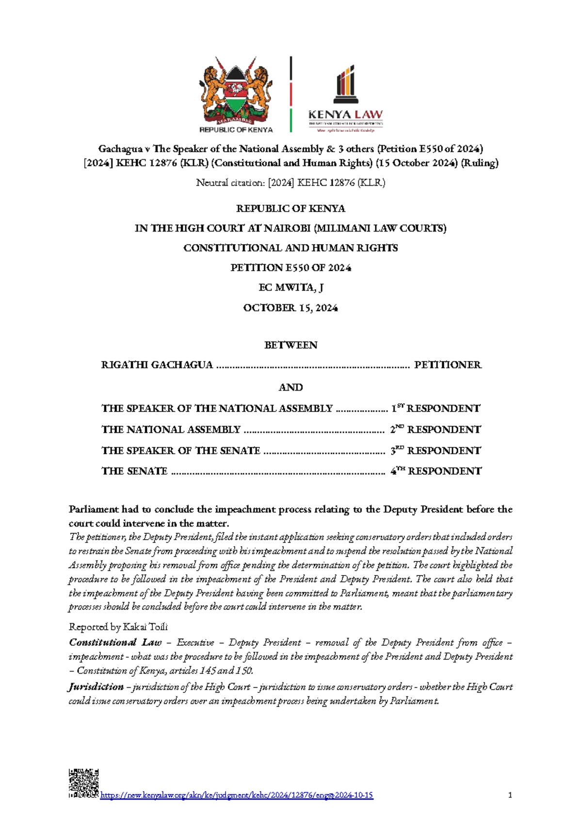 Gachagua v Speaker of National Assembly & Others (Petition E550/2024 ...
