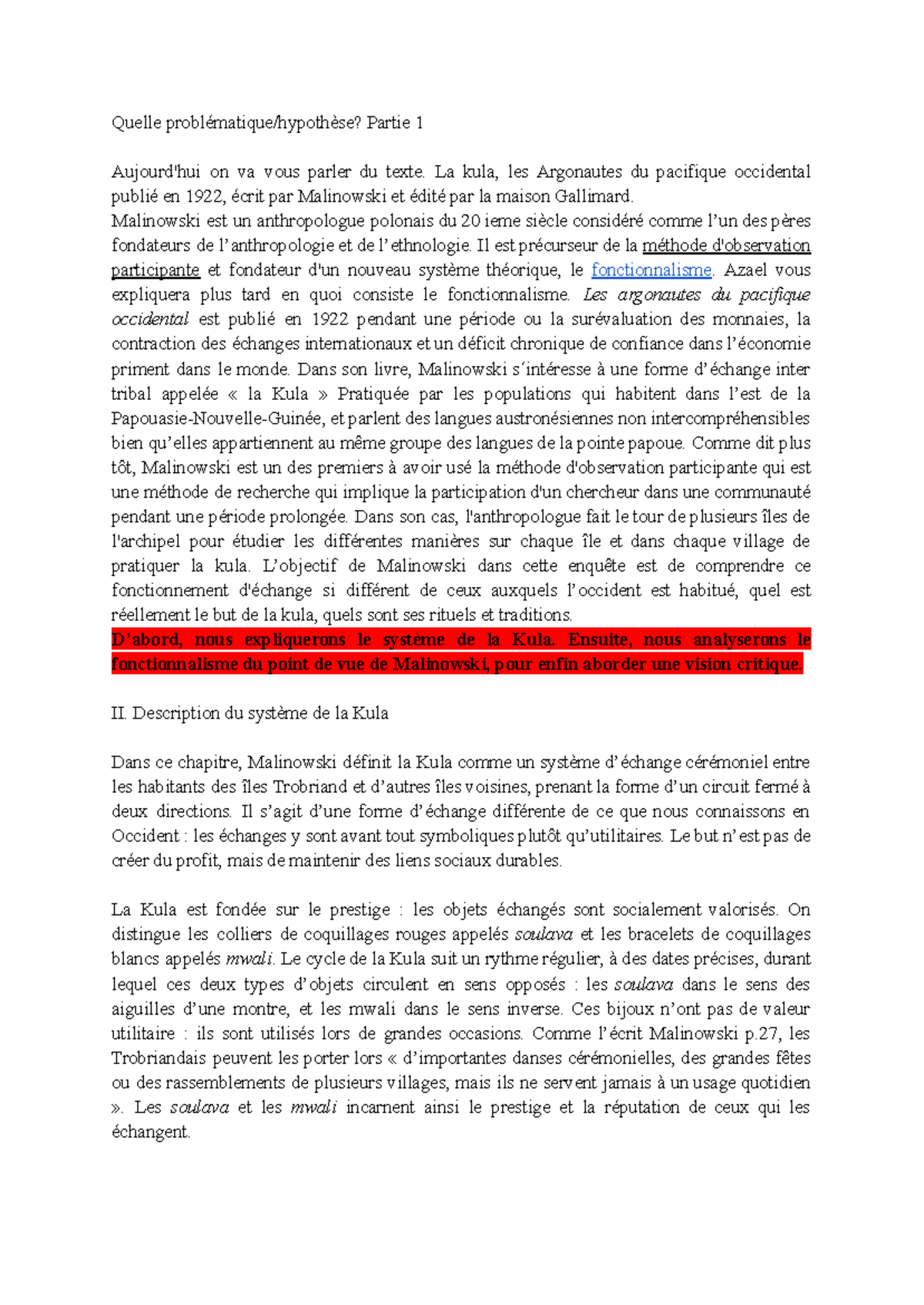 Analyse du Fonctionnalisme et de la Kula selon Malinowski - Studocu