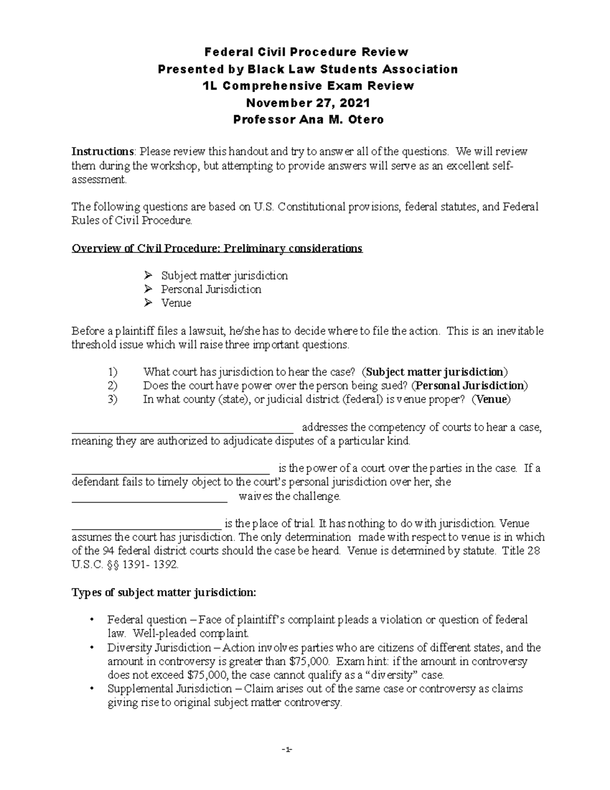 "1L Civil Procedure Comprehensive Review Questions - Fall 2021" - Studocu