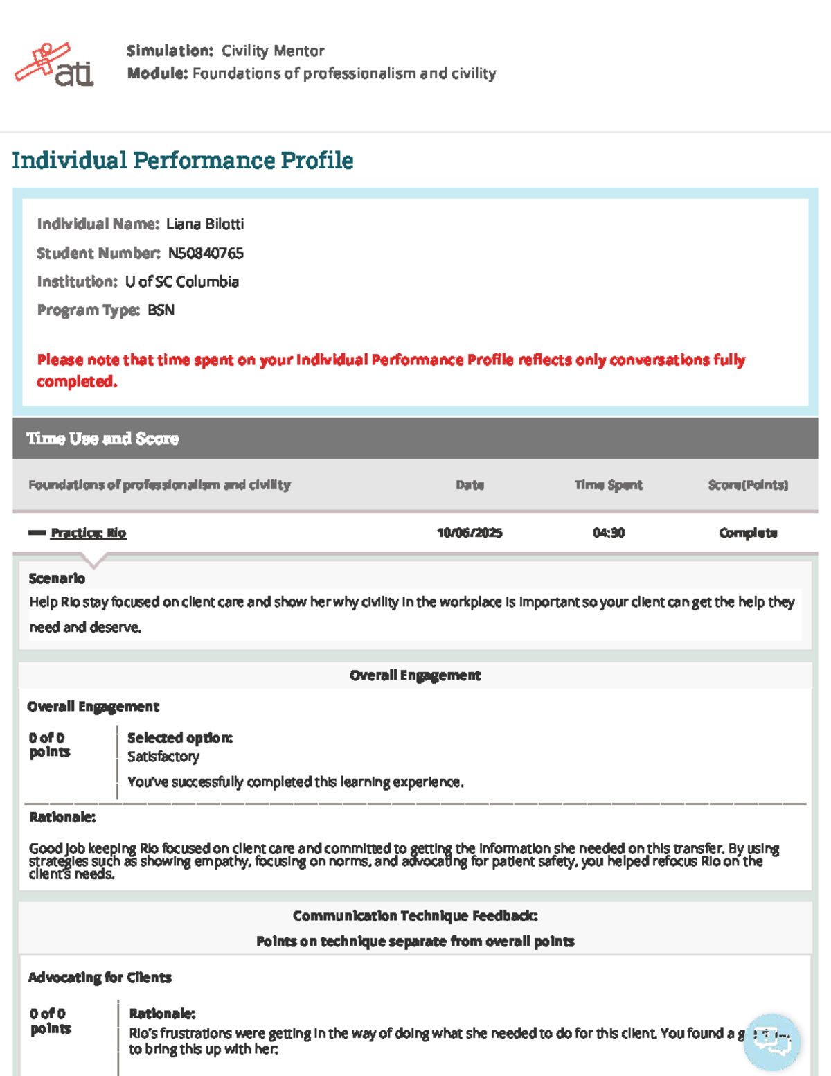 Simulation: Civility Mentor Module - Individual Performance Profile ...