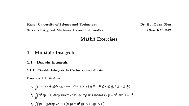 Math4 Exercises on Double and Triple Integrals - ICT K62 - Studocu