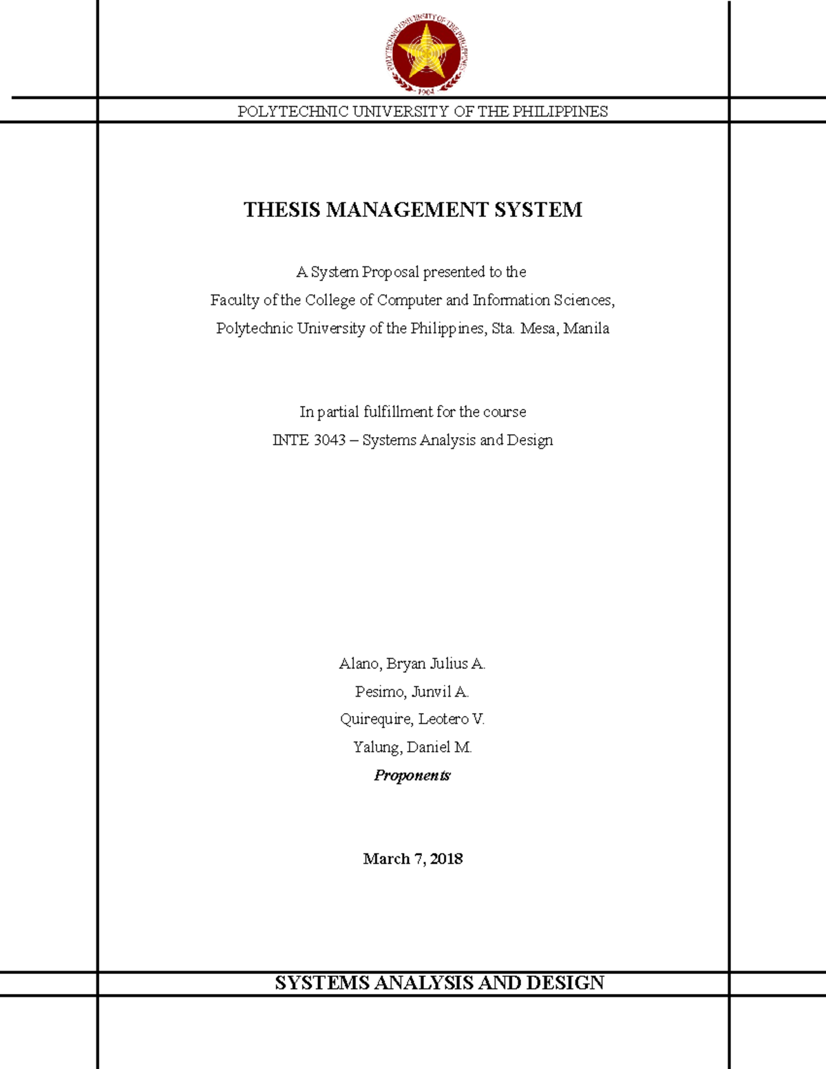 INTE 3043 Thesis Management System Proposal Analysis and Design - Studocu
