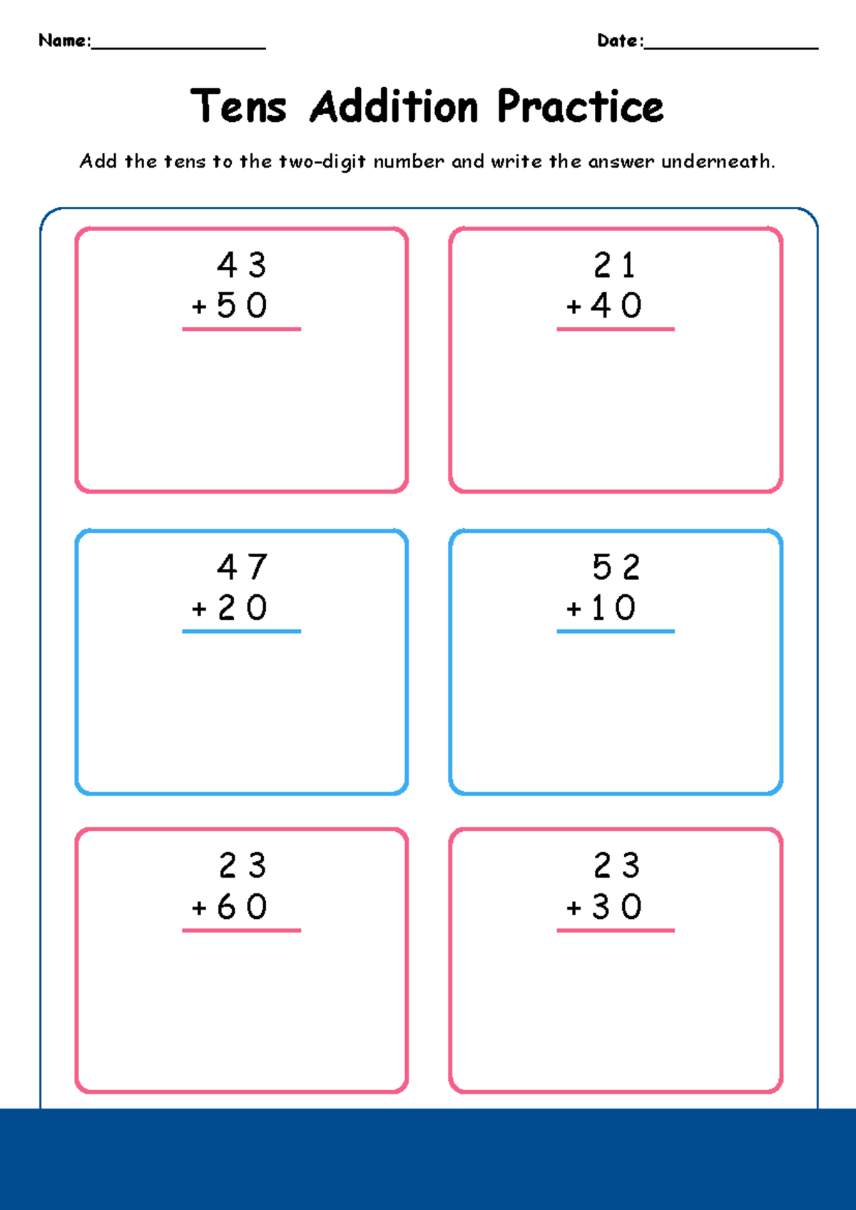 Tens Addition Practice - 1st Grade Worksheet - Add the tens to the two ...