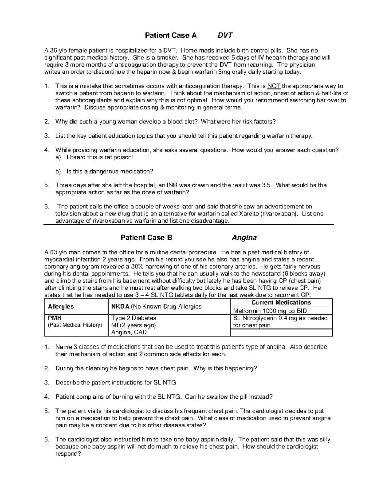 Group Case Study Set #1: DVT, Angina, Stroke, and Hypertension ...