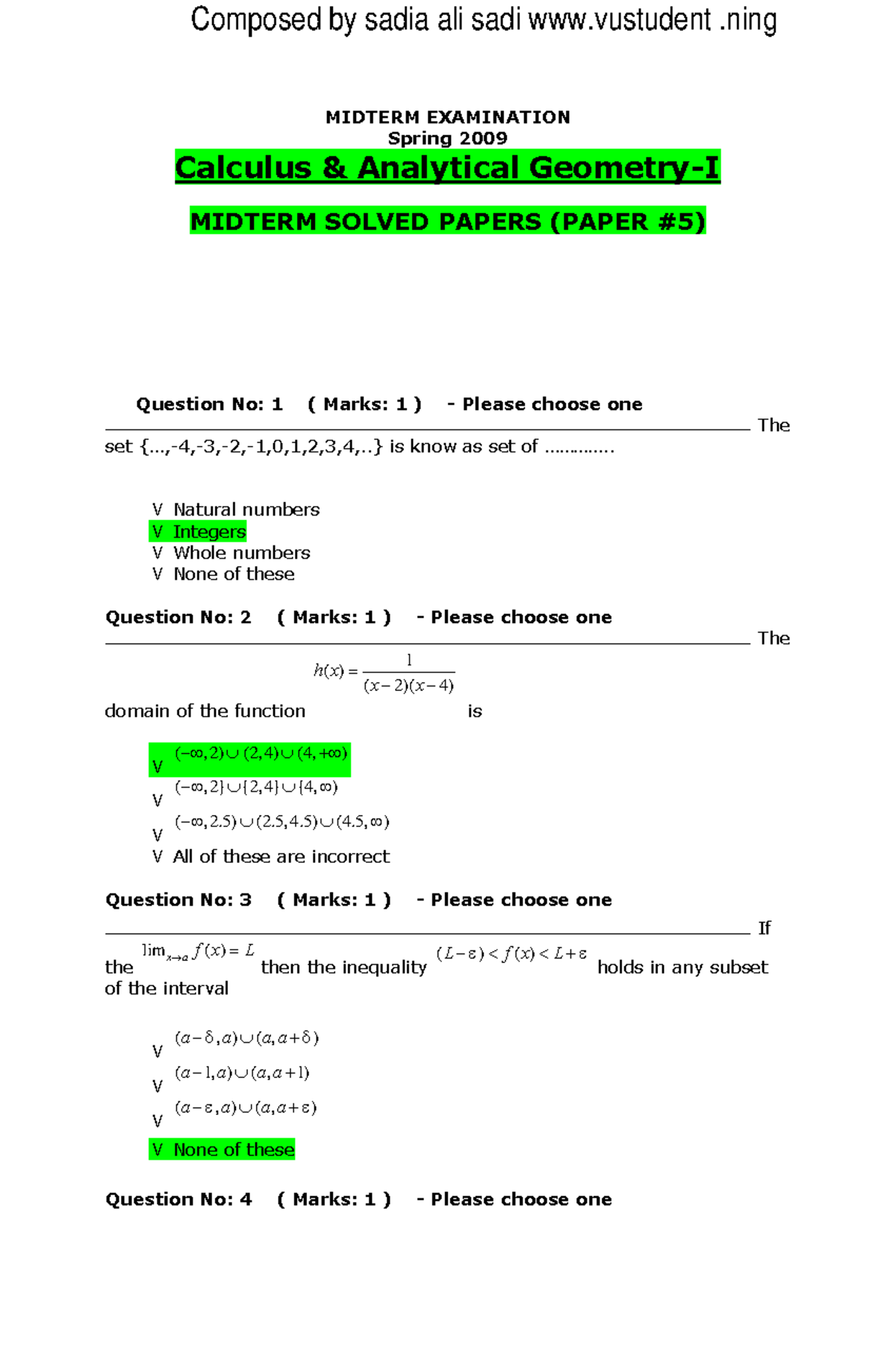 MTH101 Midterm Exam Solved Papers - Spring 2009 Calculus Analysis - Studocu