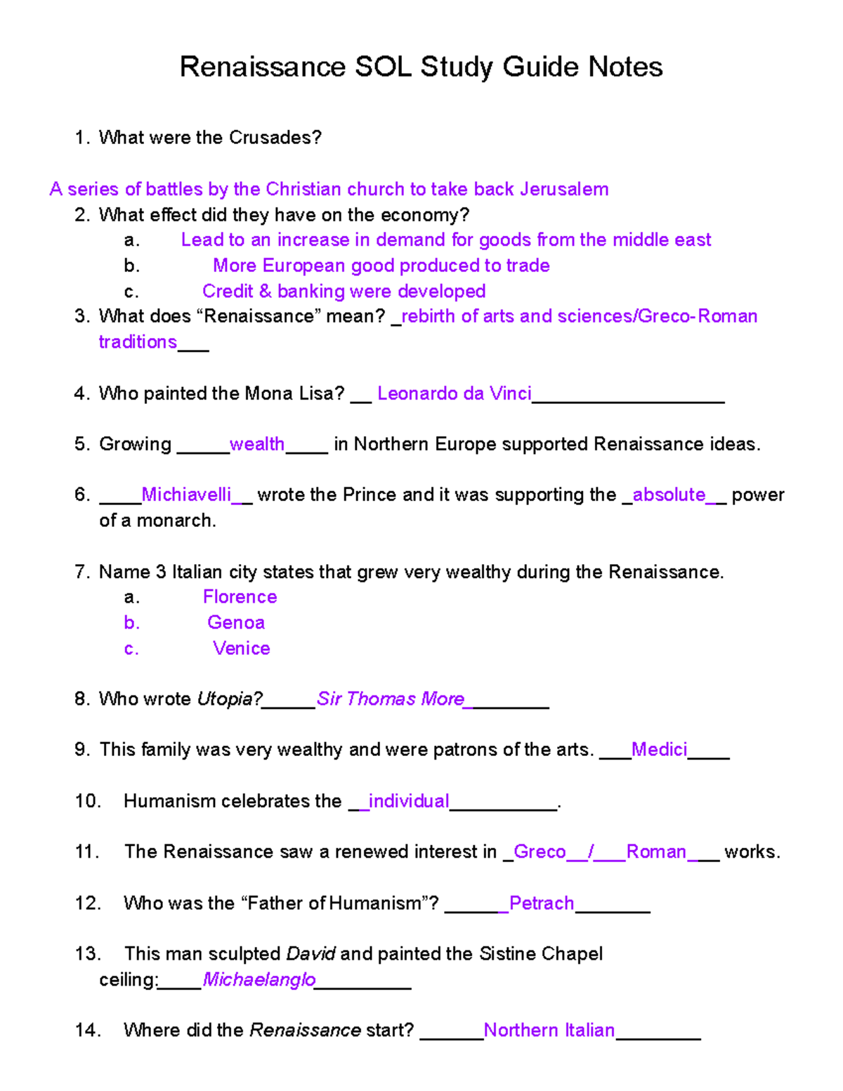Renaissance SOL Study Guide: Key Concepts and Figures - Studocu