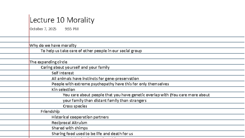 Lecture 10: Morality Insights and Evolutionary Perspectives - Studocu