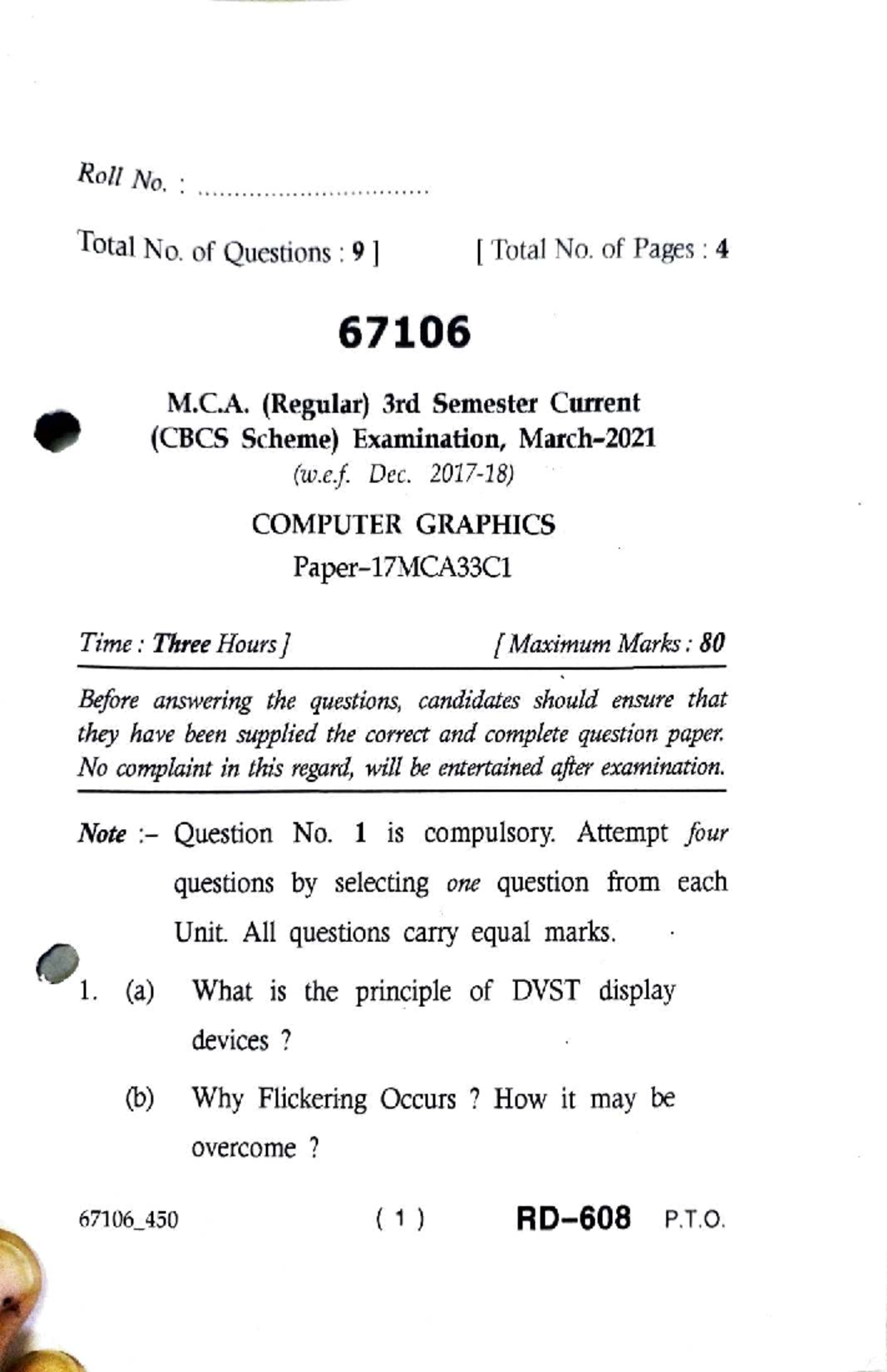 67106 M.C.A. 3rd Sem Computer Graphics Exam Paper - Dec 2023 - Studocu