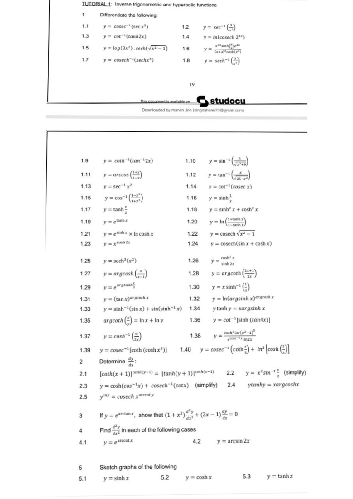 Maths 5 - Tutorial 1: Inverse Trigonometric & Hyperbolic Functions - Studocu