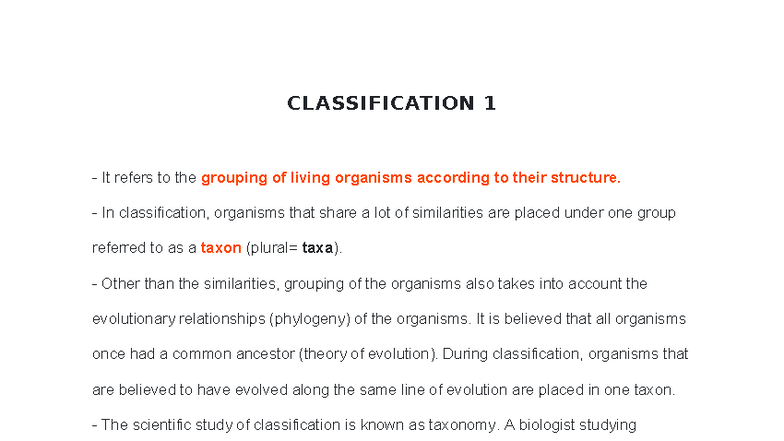 CLassification 1 - notes - CLASSIFICATION 1 It refers to the grouping ...