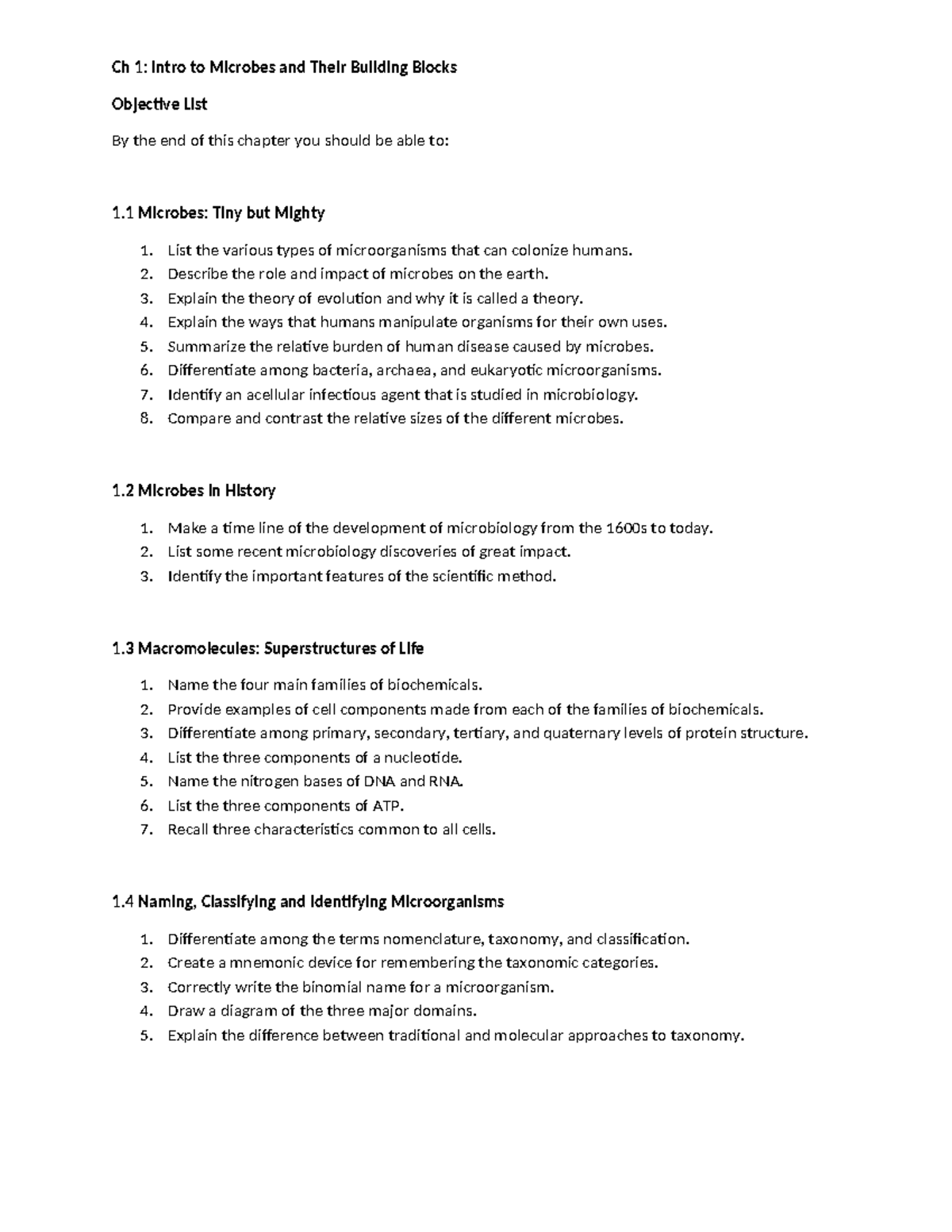 Ch 1: Intro to Microbes & Building Blocks - BIO101 Study Notes - Studocu