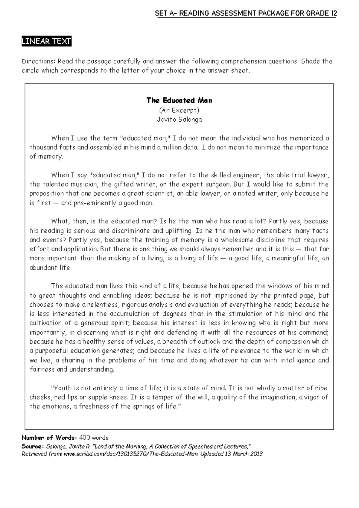 Grade 12 Set A - reading and comprehension sample - LINEAR TEXT ...