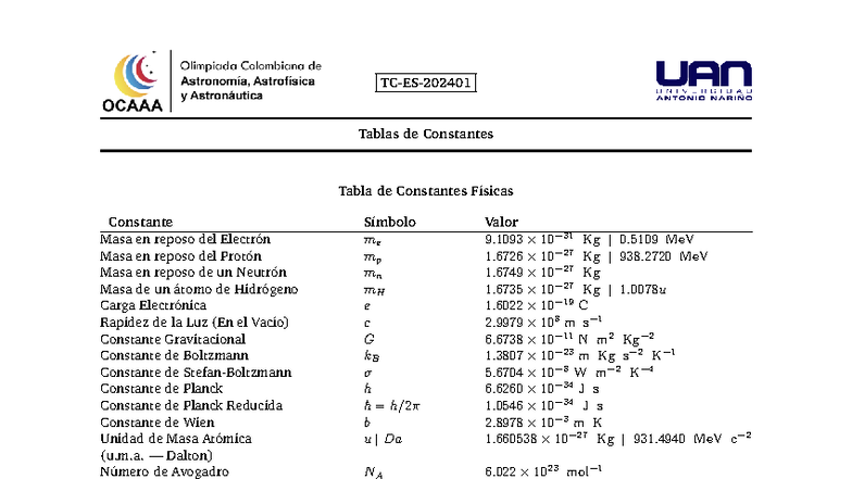 Tablas de Constantes Físicas 2025 - Curso de Física - Studocu
