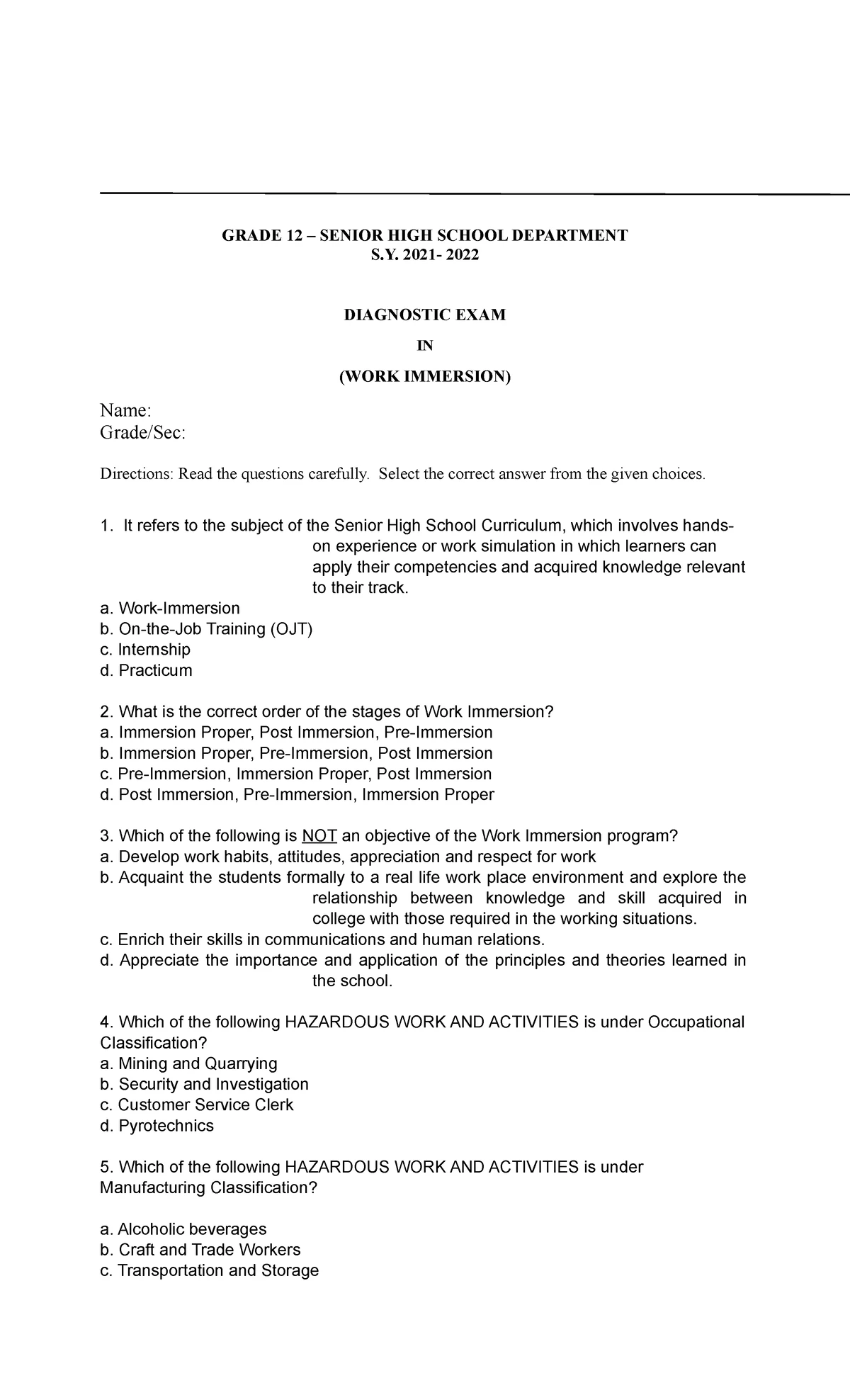 Diagnostic Exam in Work Immersion - GRADE 12 – SENIOR HIGH SCHOOL ...