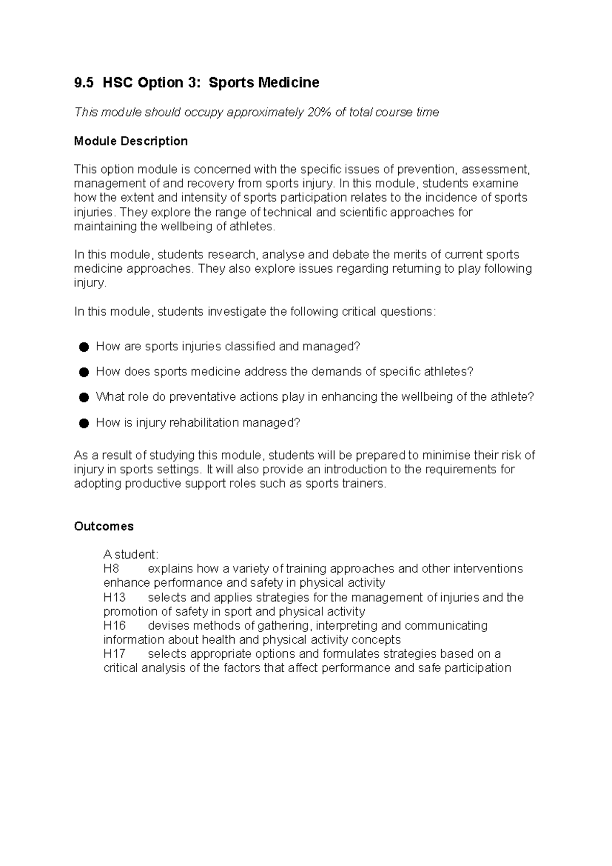 HSC Option 3: Sports Medicine Syllabus and Learning Outcomes - Studocu
