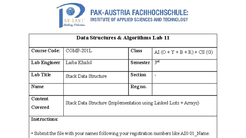 Lab 11: Stack Data Structure Implementation - CS (G) Semester 3 - Studocu