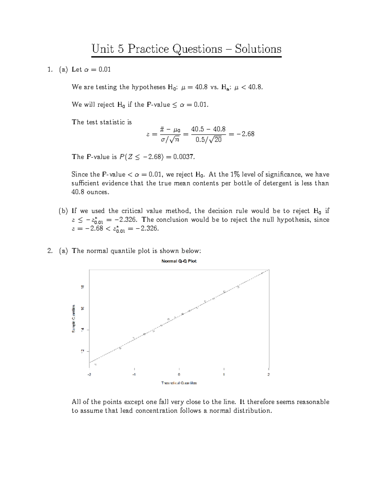 Unit 5 Practice Questions Solutions: Hypothesis Testing & Confidence ...