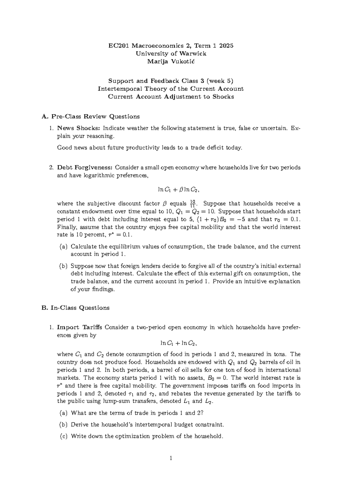 EC201 Macroeconomics 2: Week 5 Seminar on Intertemporal Theory - Studocu