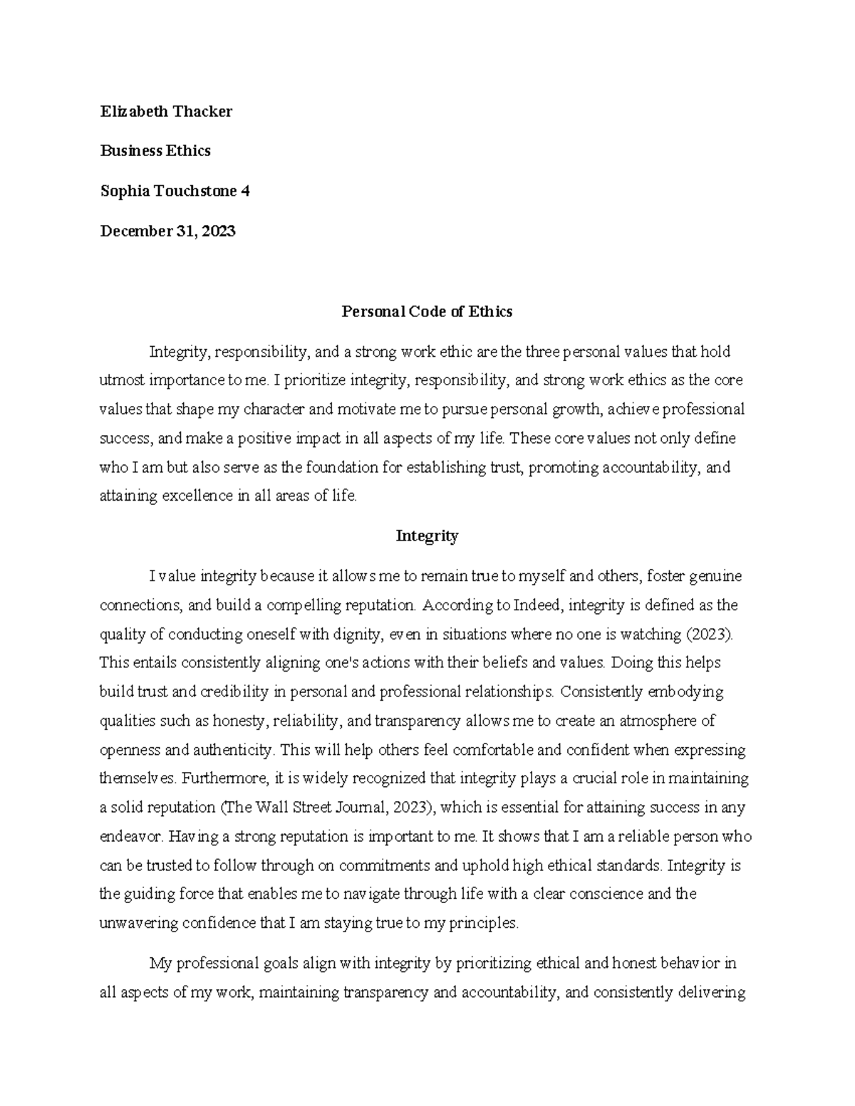 BUS 101: Personal Code of Ethics - Integrity, Responsibility, and Work ...
