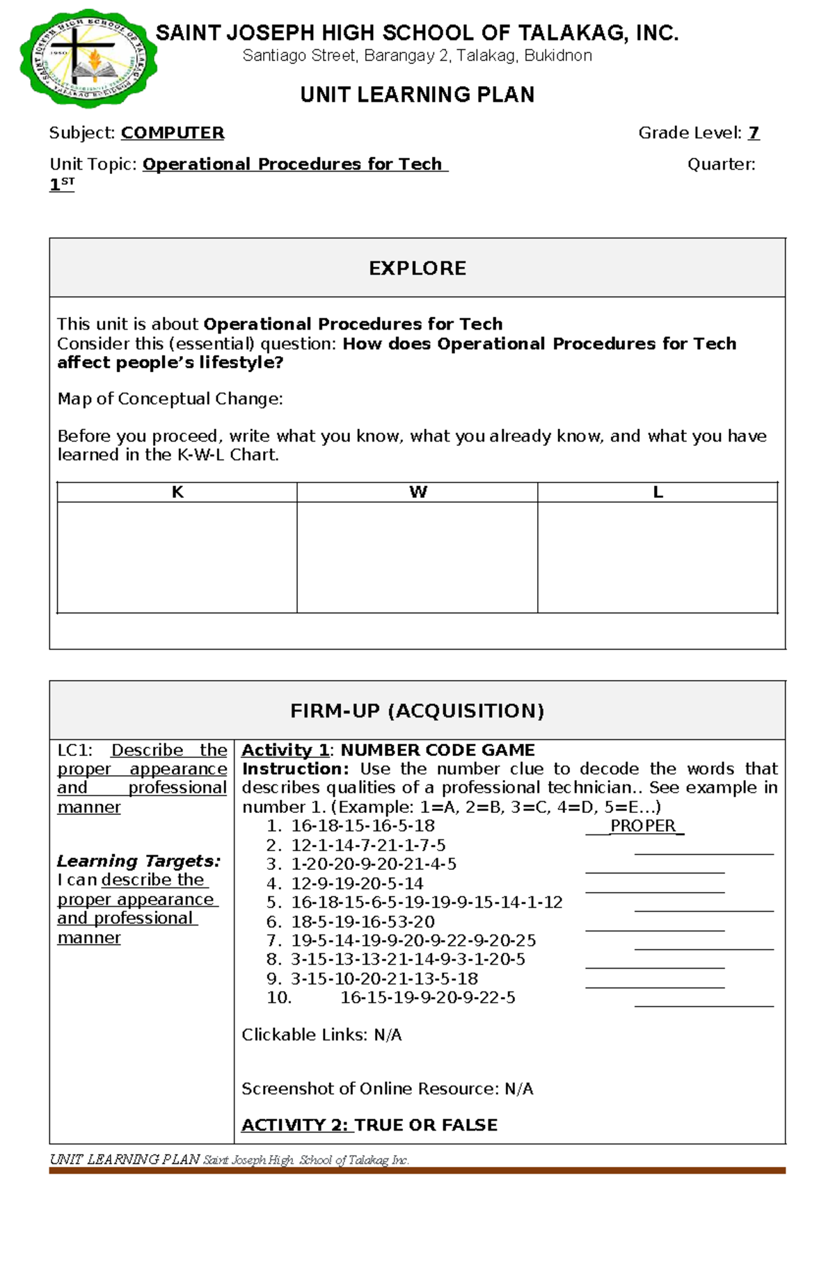 COMP7 ULP: Operational Procedures & Computer Basics for Grade 7 - Studocu