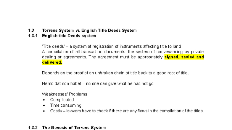 Land Law I: Torrens System vs English Title Deeds System Analysis - Studocu
