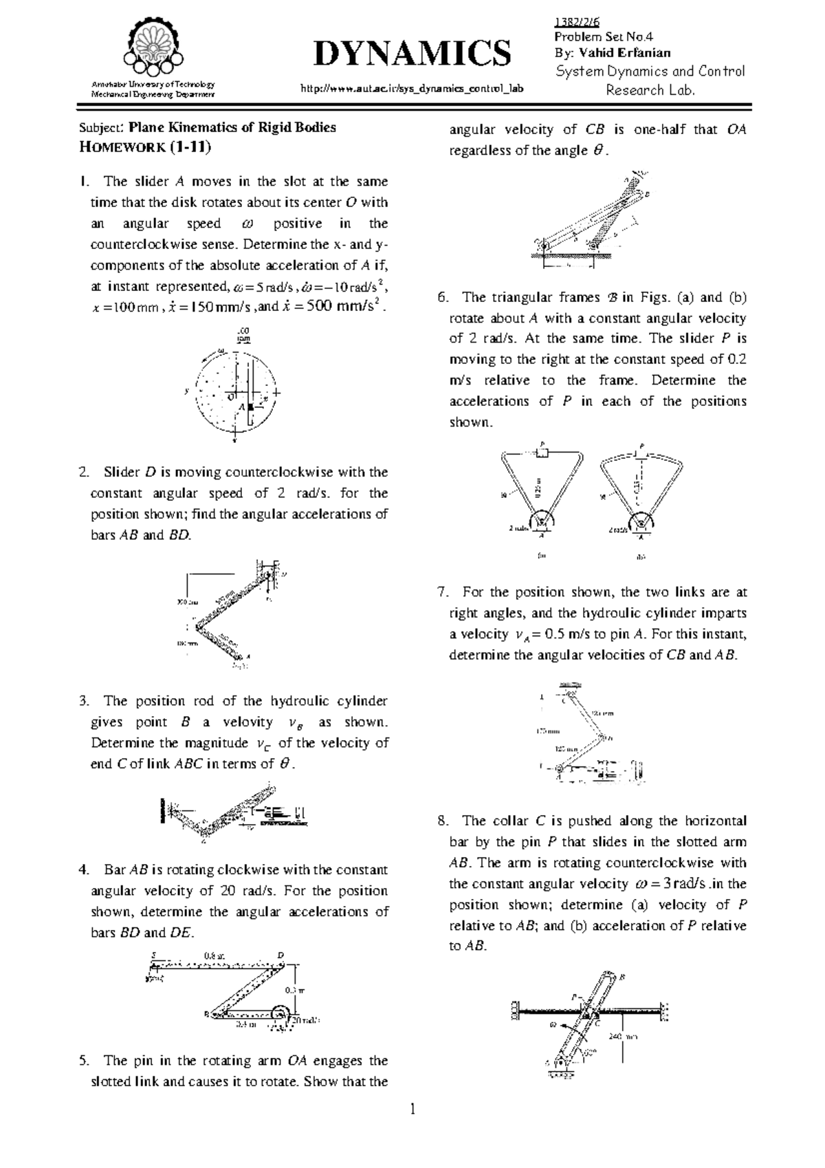 Dynamics Problem Set 4 - Plane Kinematics of Rigid Bodies - Studocu