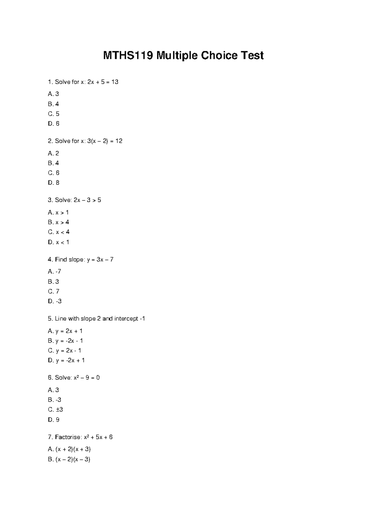 MTHS119 Multiple Choice Test 1 - Practice Questions - Studocu