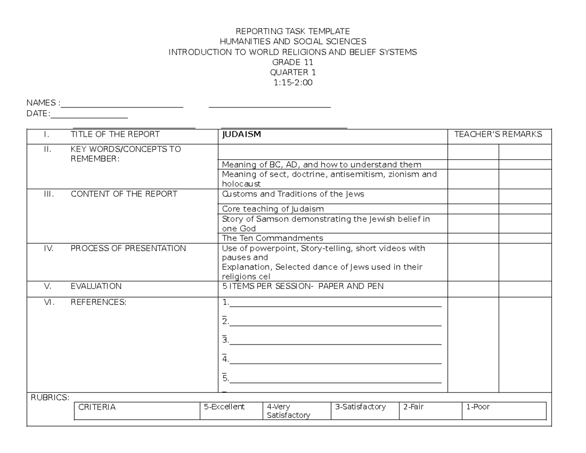 HumSS GR 11 Reporting Task Template: World Religions Overview - Studocu