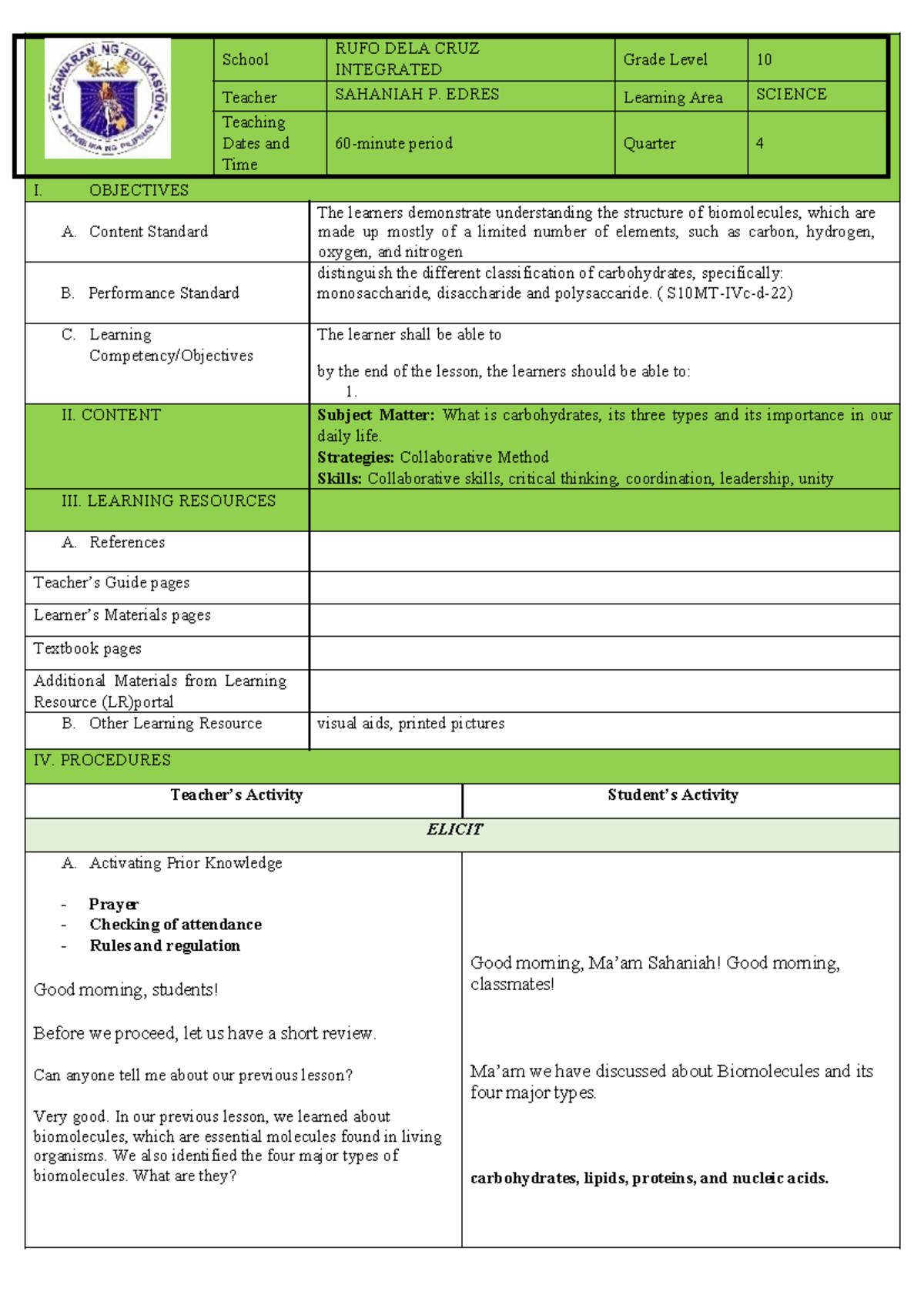 Grade 10 Science Lesson Plan: Understanding Carbohydrates (Quarter 4 ...