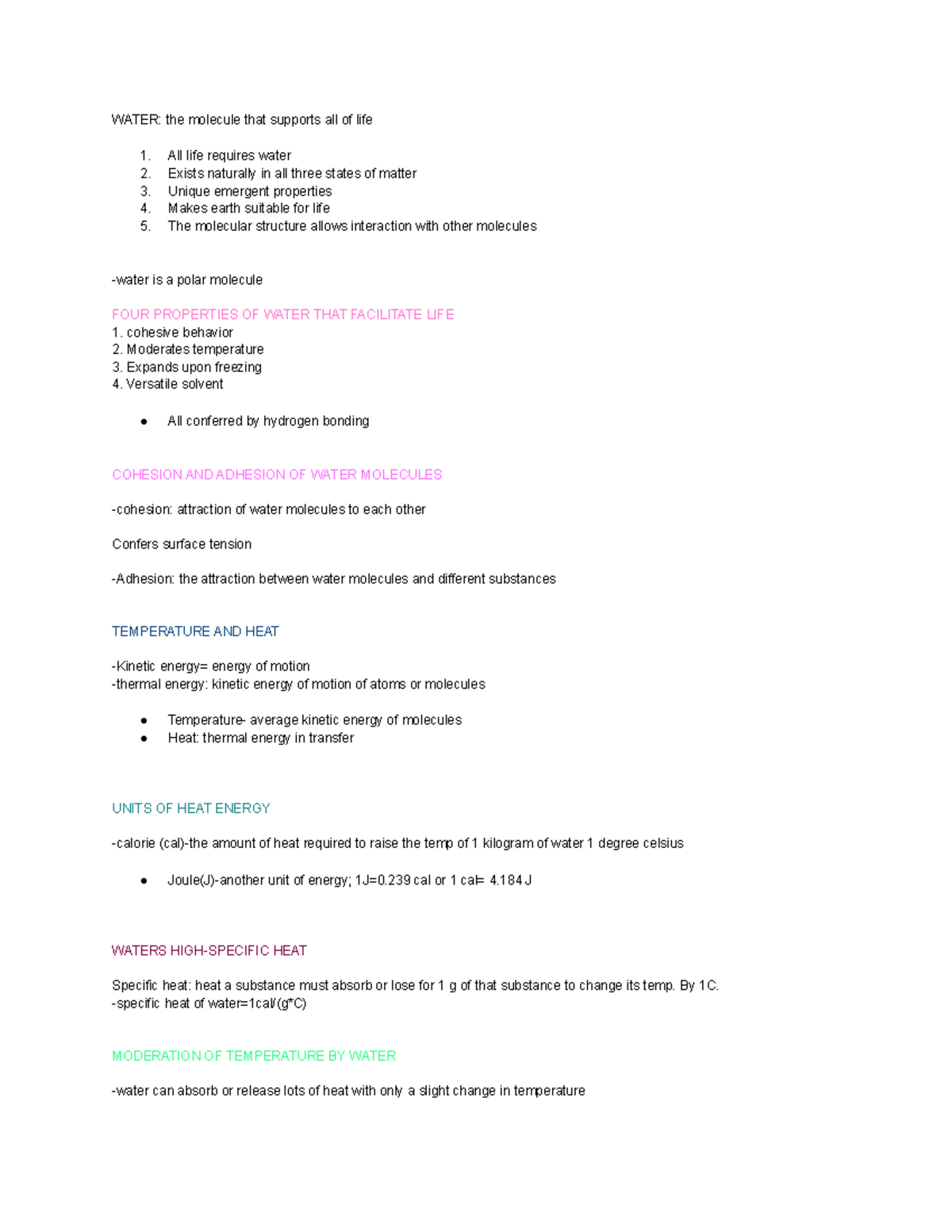 Bio one chapter three notes - WATER: the molecule that supports all of ...