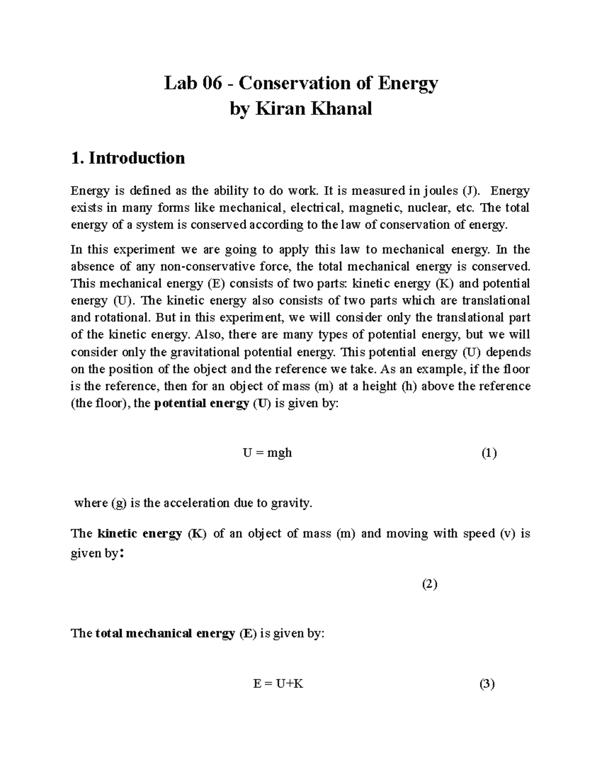 Lab 06: Exploring the Conservation of Mechanical Energy Principles ...