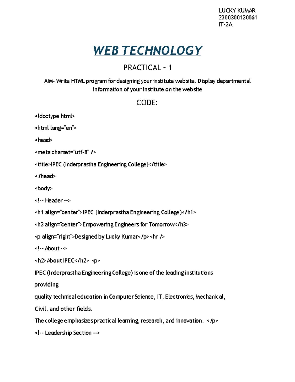 Web Technology Practical 1: Designing an Institute Website (2300300130061) - Studocu