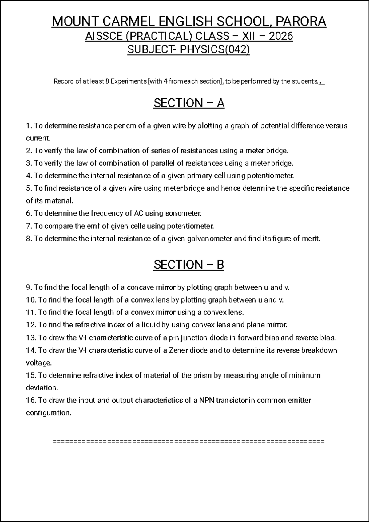 Class XII Physics (042) AISSCE Practical Record of Experiments - Studocu