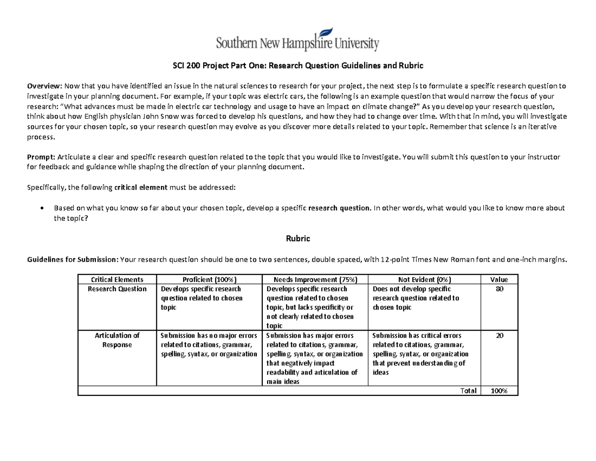 SCI 200 Project Part One Research Question Guidelines and Rubric - For ...