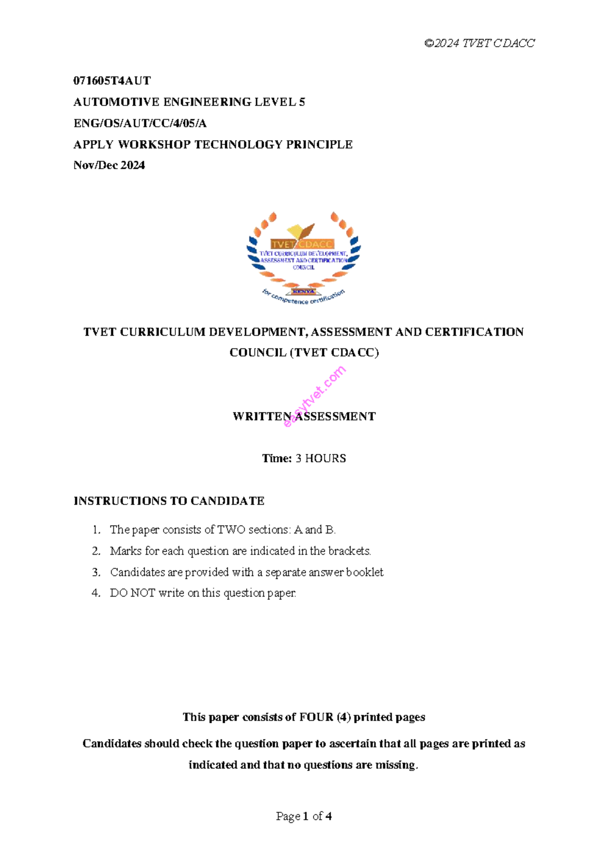 TVET CDACC 071605T4AUT Level 5 Apply Workshop Tech Principles 2024 ...
