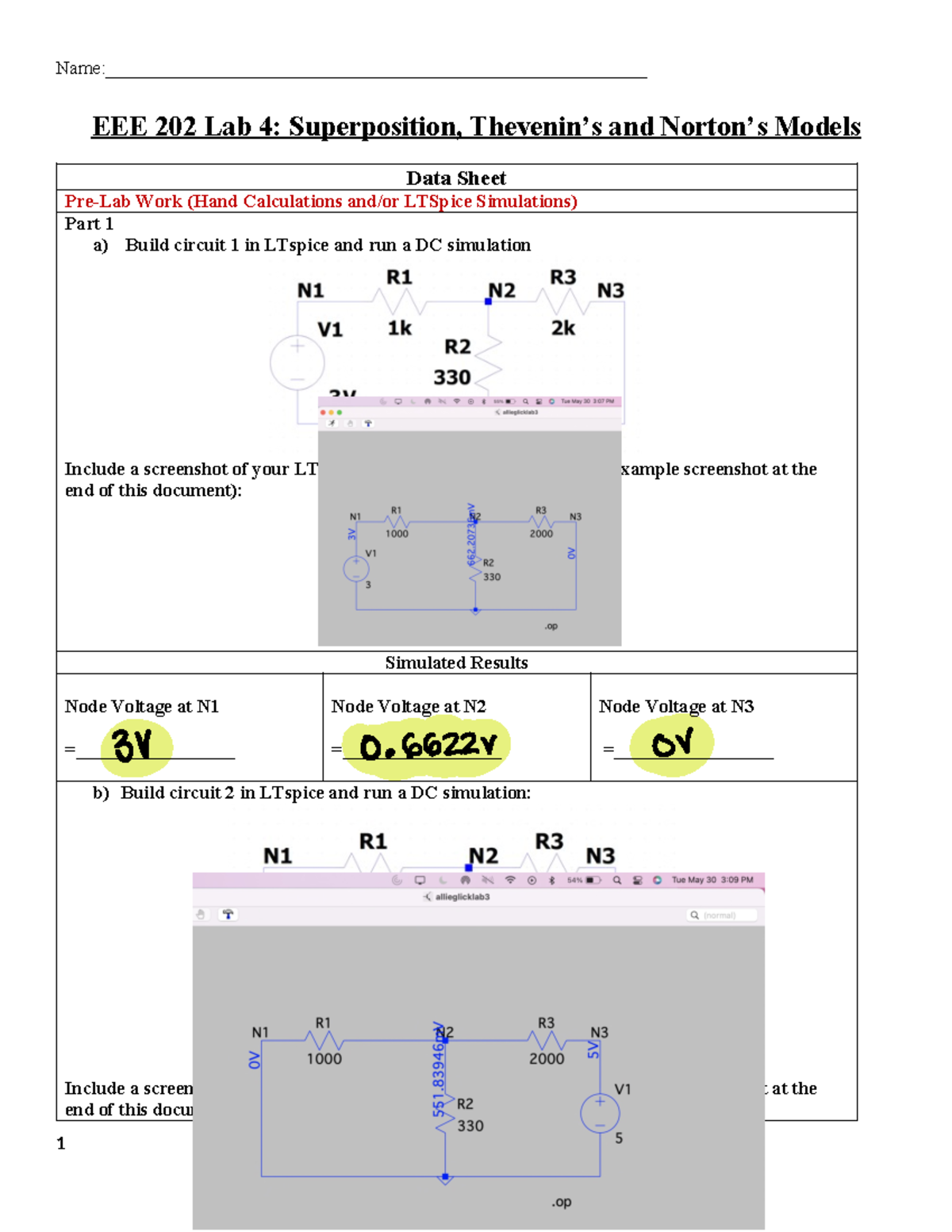 EEE 202 Lab 4 Data Sheet: Superposition, Thevenin & Norton Models - Studocu