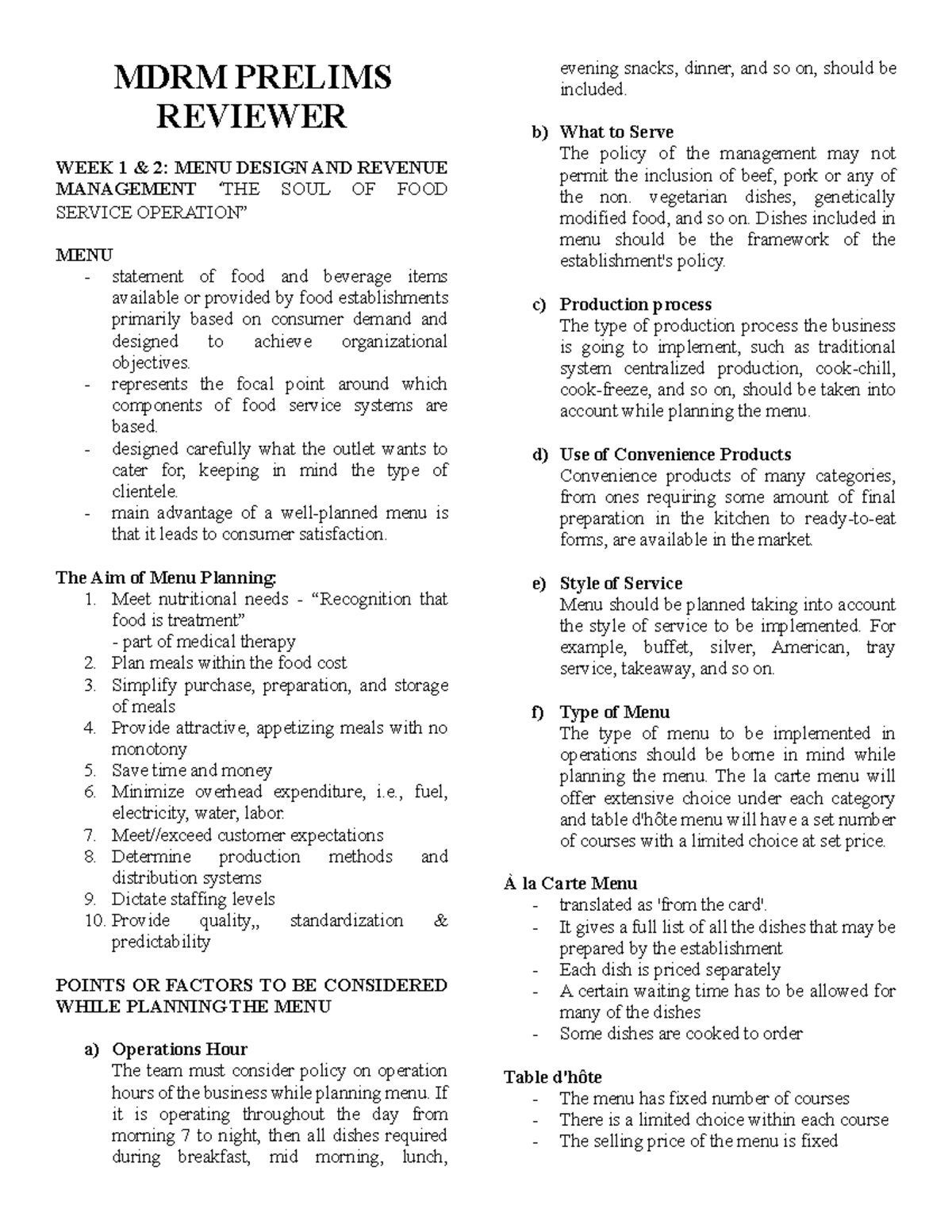 MDRM PRELIMS REVIEWER WEEK 1-4: MENU DESIGN & REVENUE MANAGEMENT - Studocu