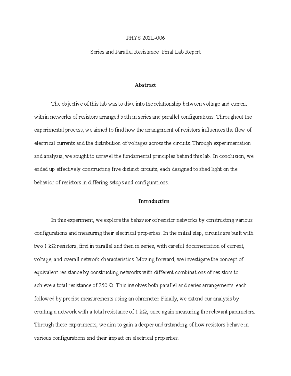 PHYS 202L: Final Lab Report on Series and Parallel Resistors - Studocu