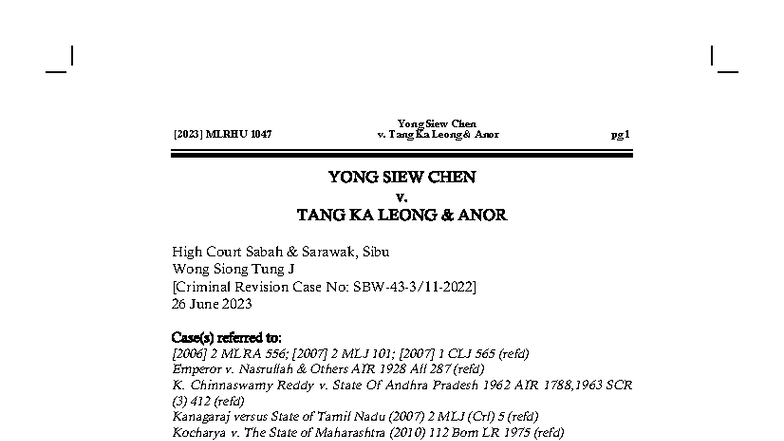 MLRHU 1047: Case Review of Yong Siew Chen v. Tang Ka Leong Anor - Studocu
