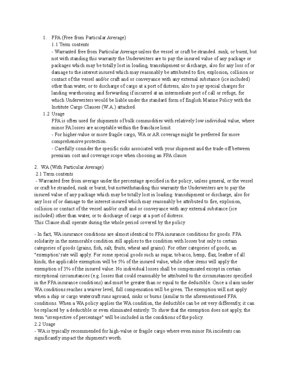 FPA & WA Insurance Clauses: Key Terms and Usage Insights - Studocu