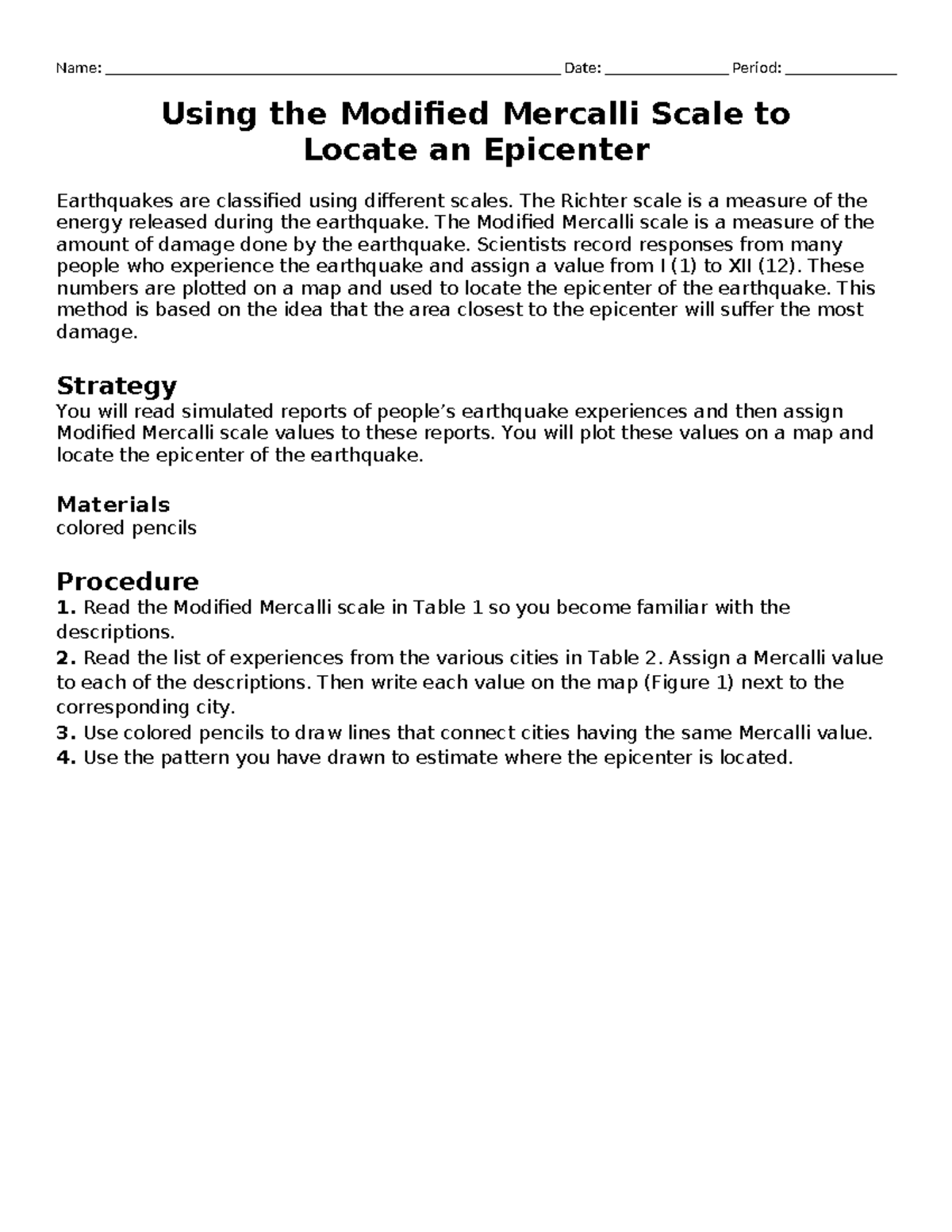 Modified Mercalli Scale: Locating Earthquake Epicenters (Earth Sci ...