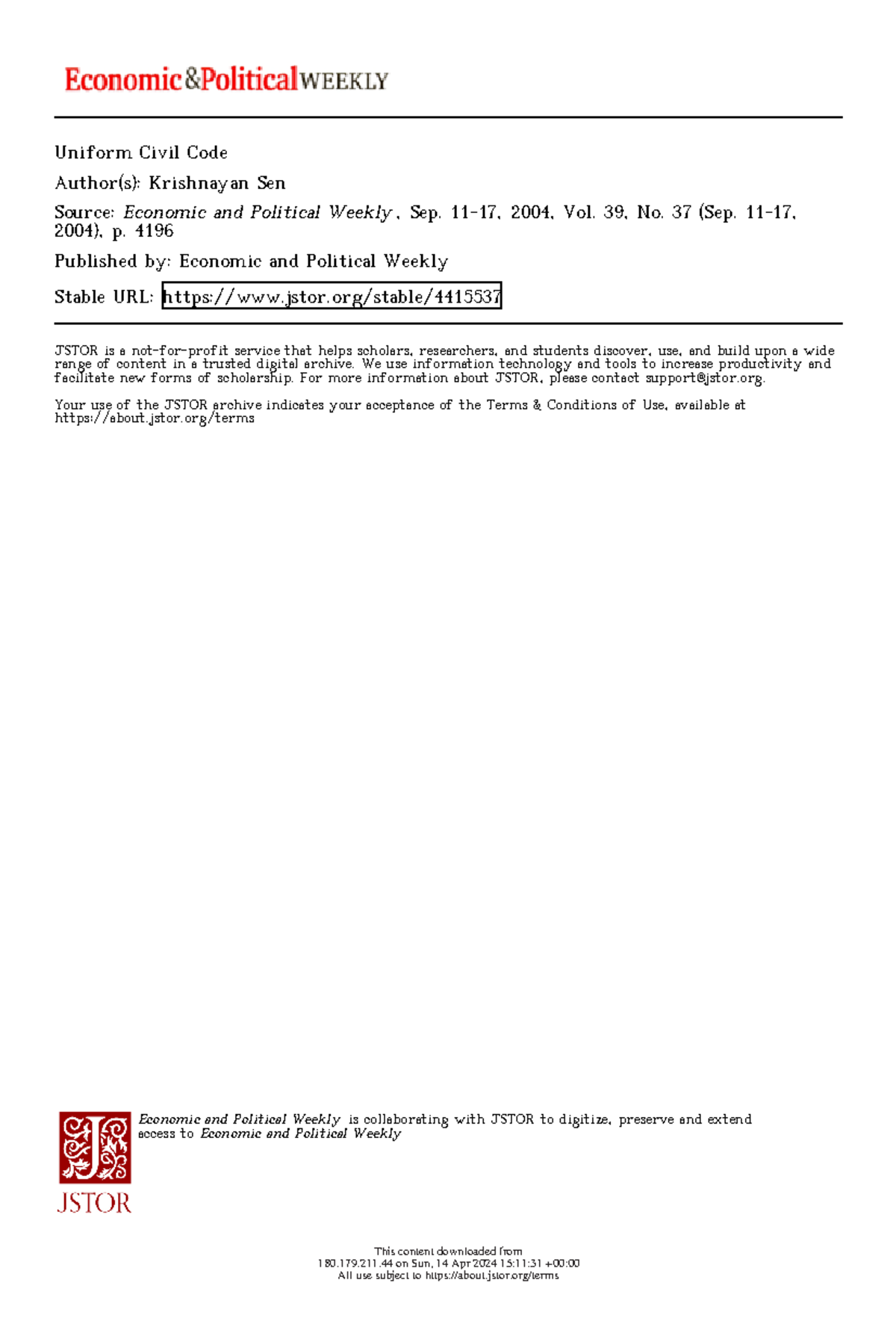 Sen-Uniform Civil Code-2004 - Uniform Civil Code Author(s): Krishnayan ...