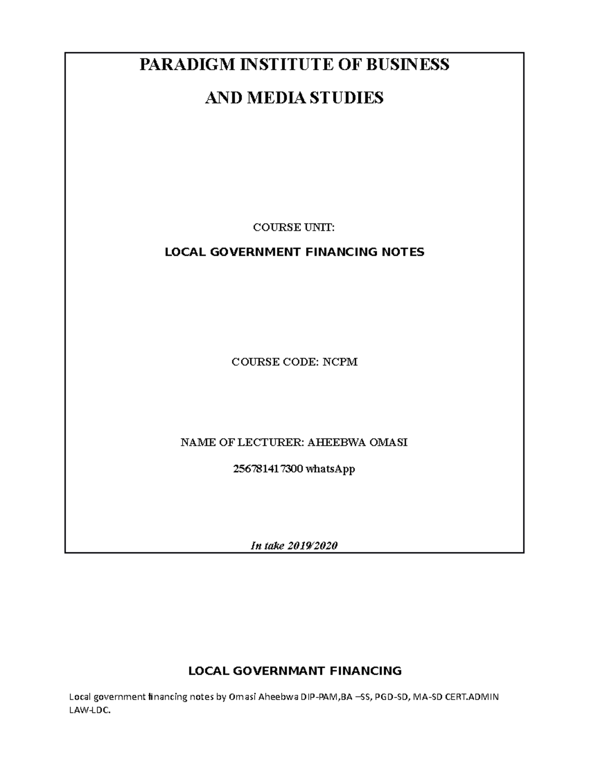 Local Government Financing Notes (NCPM) by Omasi Aheebwa - Studocu