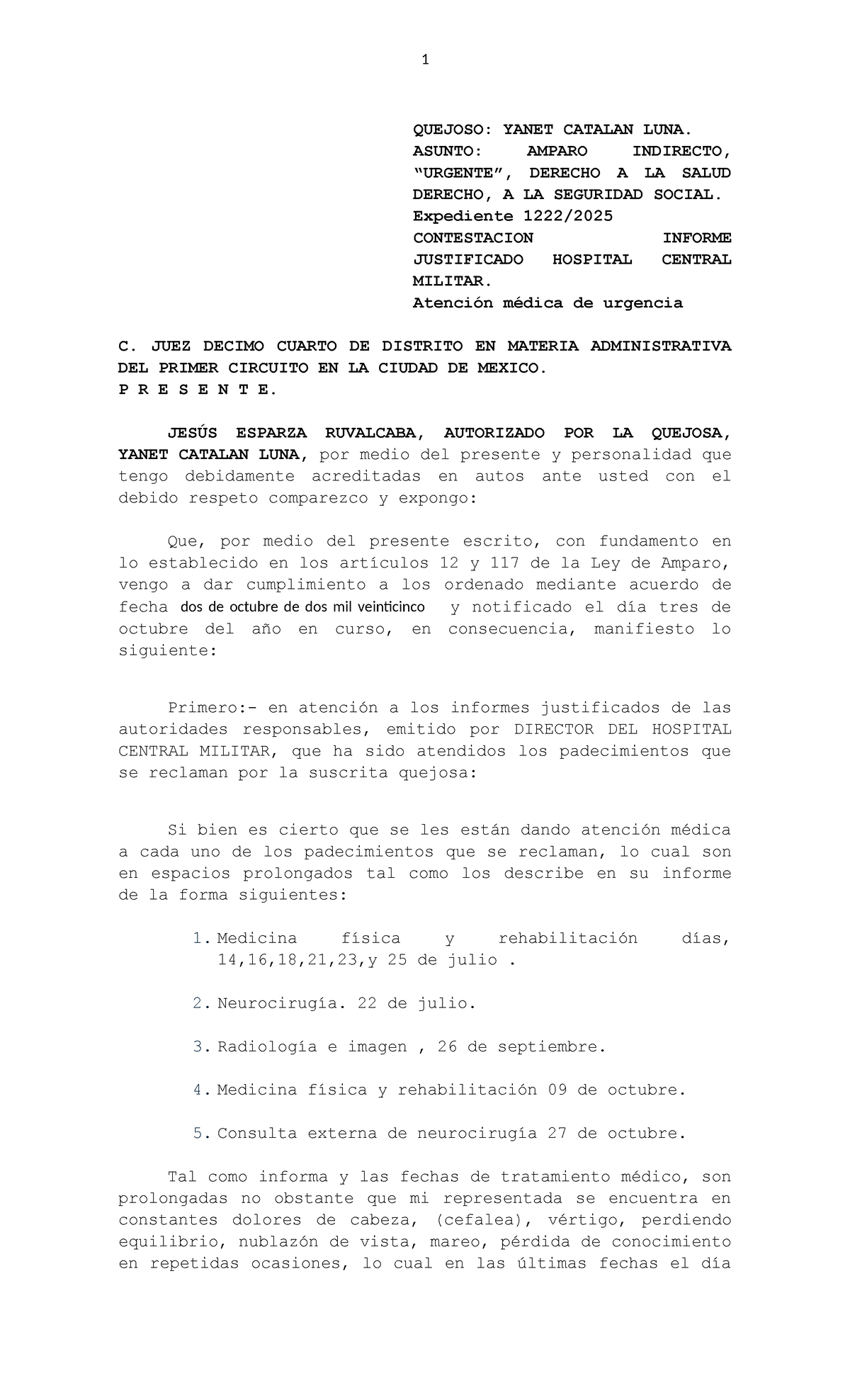 Contestación Informe Justificado: Amparo Indirecto de Yanet Catalan ...